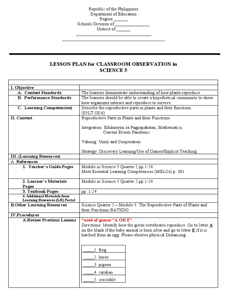 Cot Lesson Plan Science 5 | PDF | Flowers | Plant Reproduction