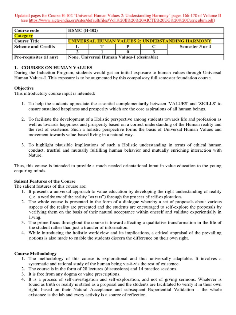 PROPOSED AICTE UHV-II Syllabus | PDF | Senses | Lecture
