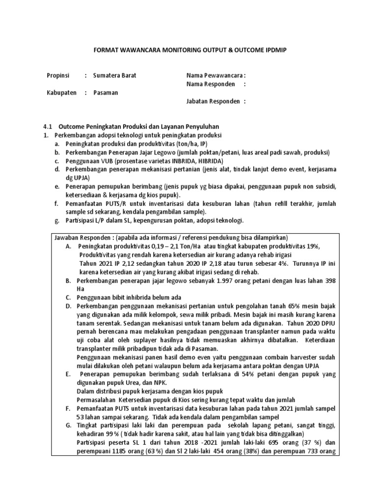 Format Wawancara Monitoring Output - Outcome Pasaman | PDF