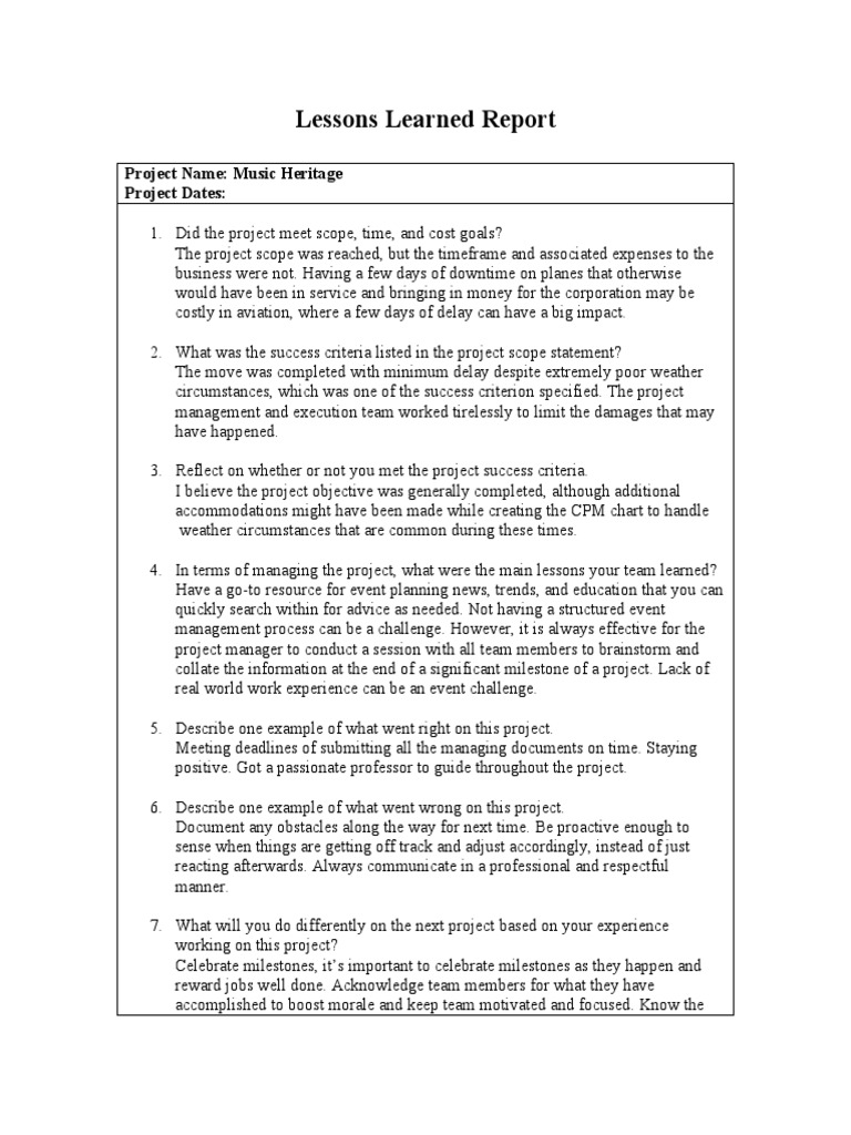 Lessons Learned Report: Project Name: Music Heritage Project Dates ...