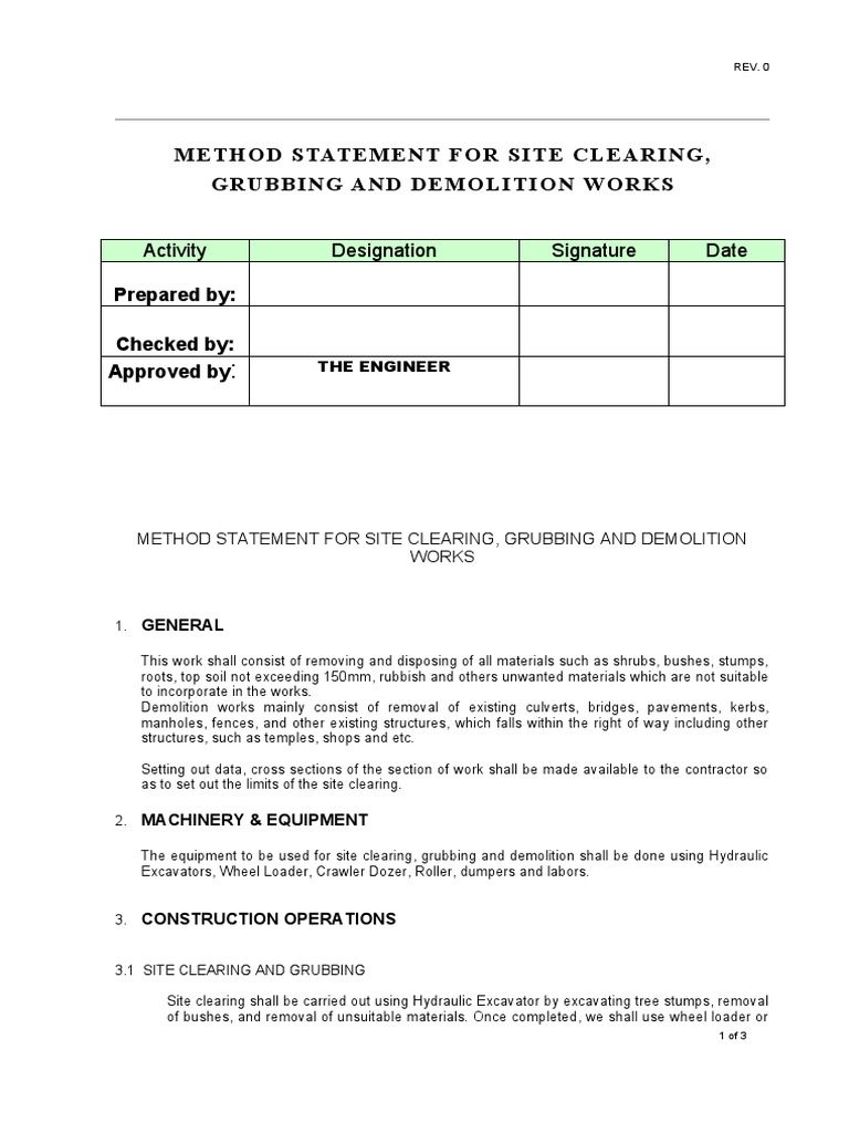 1.0 Method Statement-Site Clearing & Grubbing Works | PDF | Demolition ...