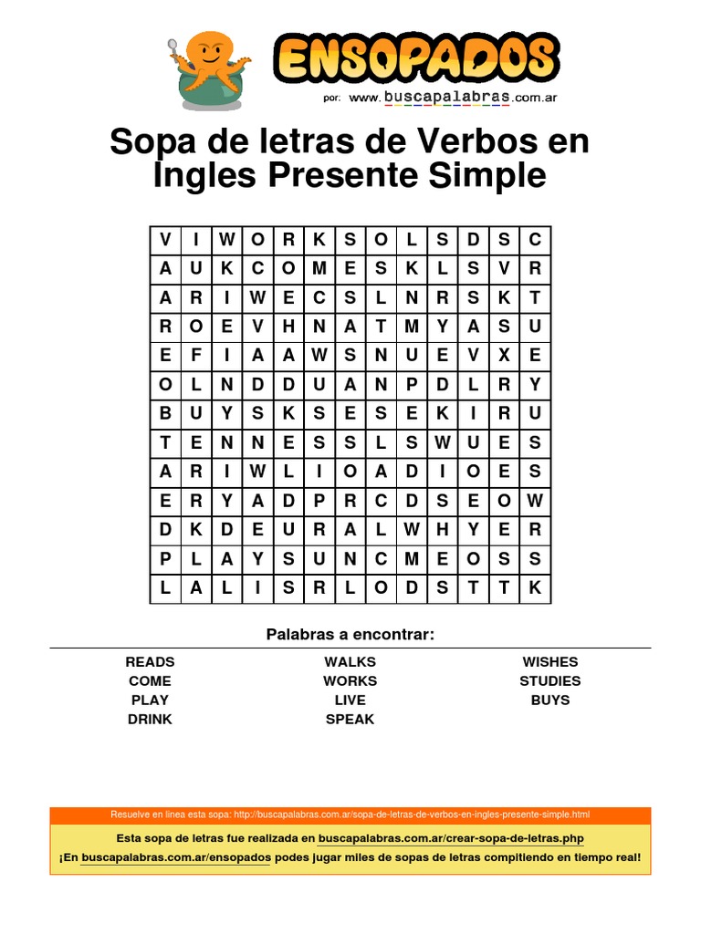 Sopa de Letras de Verbos en Ingles Presente Simple | PDF