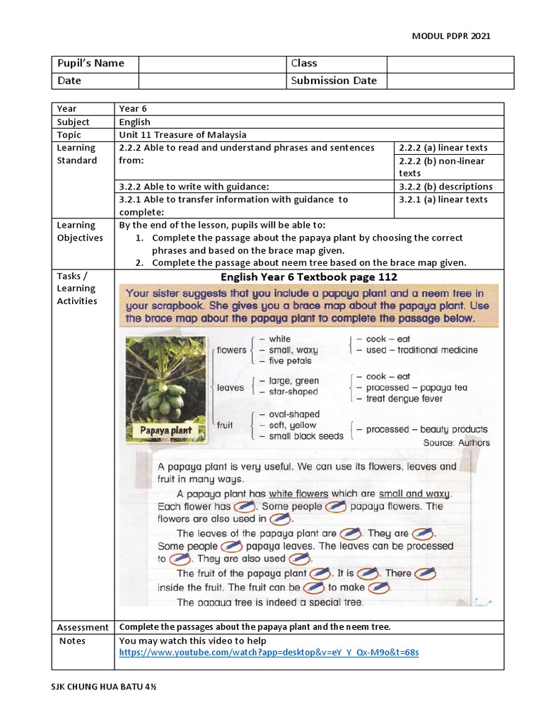 Pupil's Name Class Date Submission Date: English Year 6 Textbook Page ...