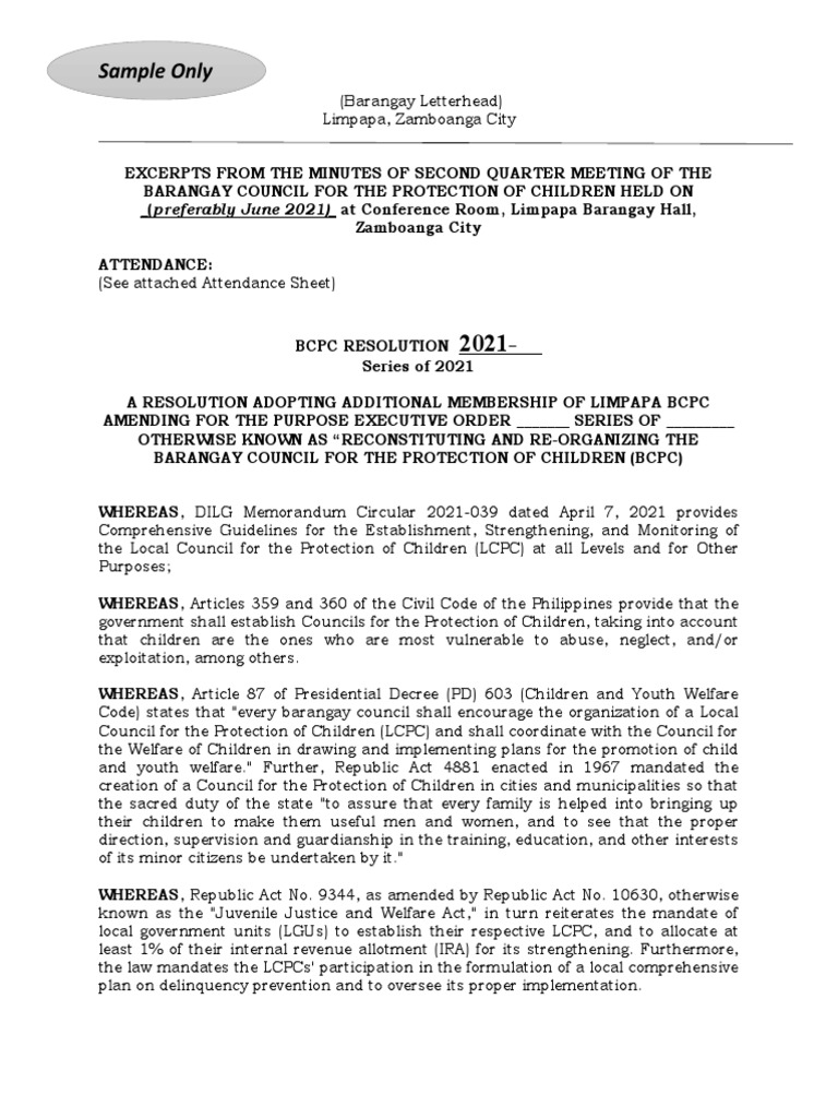 Draft Resolution - VAW To BCPC | PDF | Government | Justice