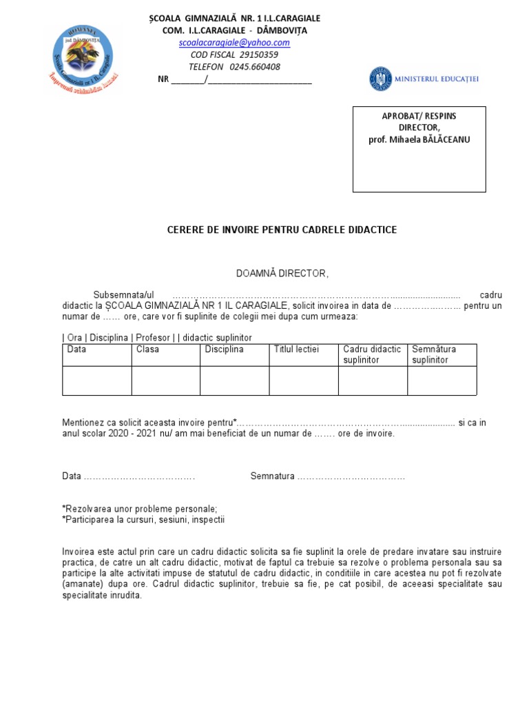 Cerere de Invoire Pentru Cadrele Didactice | PDF
