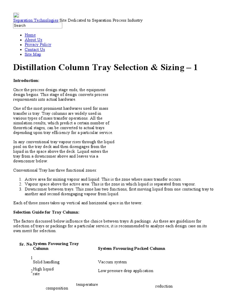 Distillation Column Tray Selection & Sizing | PDF | Distillation | Liquids