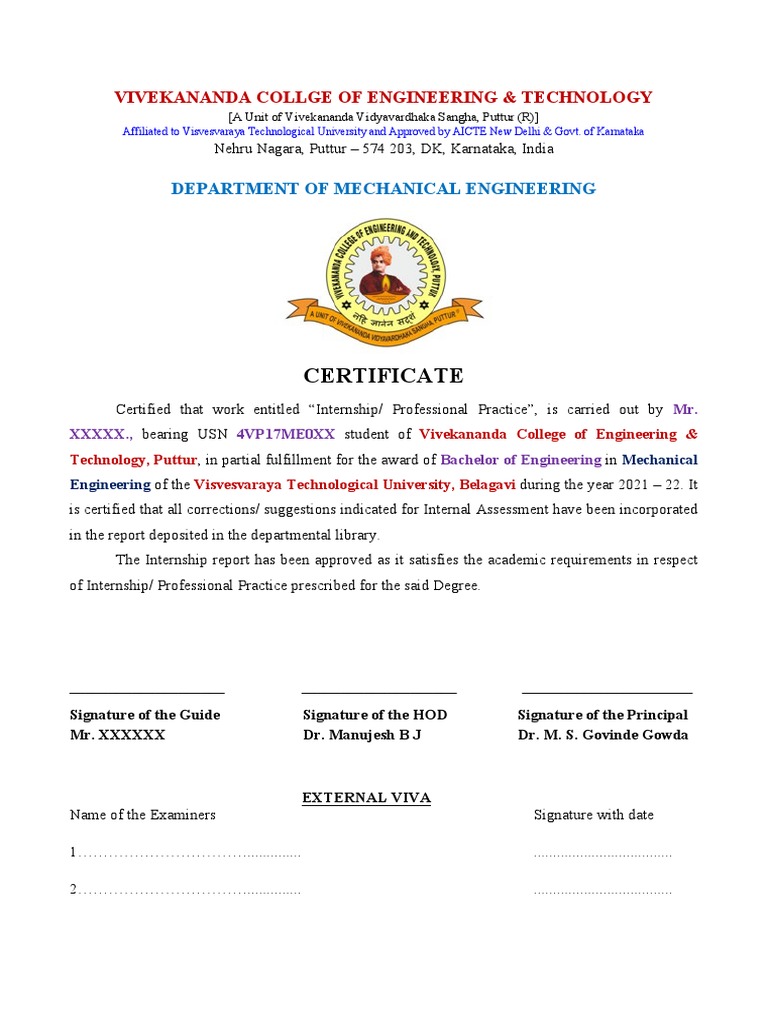 Certificate: Department of Mechanical Engineering | PDF