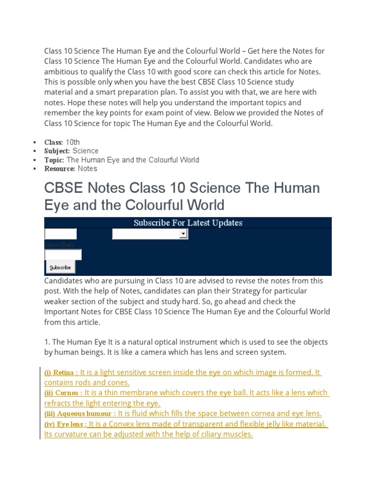 Class 10 Science Notes on The Human Eye and Colourful World | PDF | Eye ...