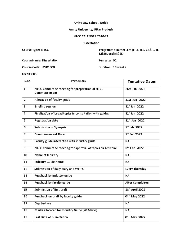 Amity Law School, Noida Amity University, Uttar Pradesh NTCC CALENDER ...