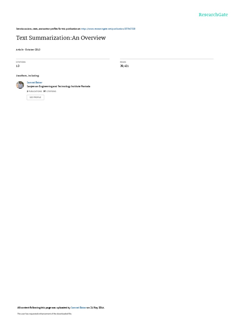Text Summarization:An Overview: October 2013 | Download Free PDF | Cognitive Science | Cognition