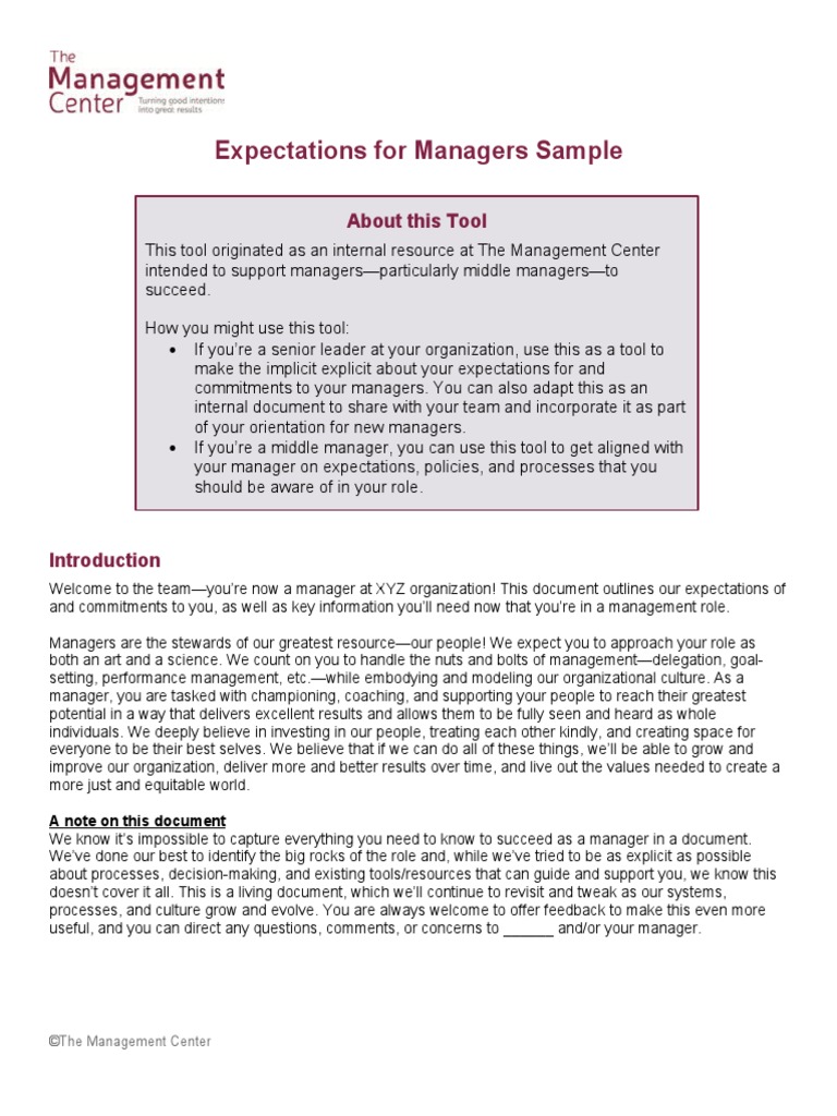 Expectations For Managers Sample The Management Center | PDF ...