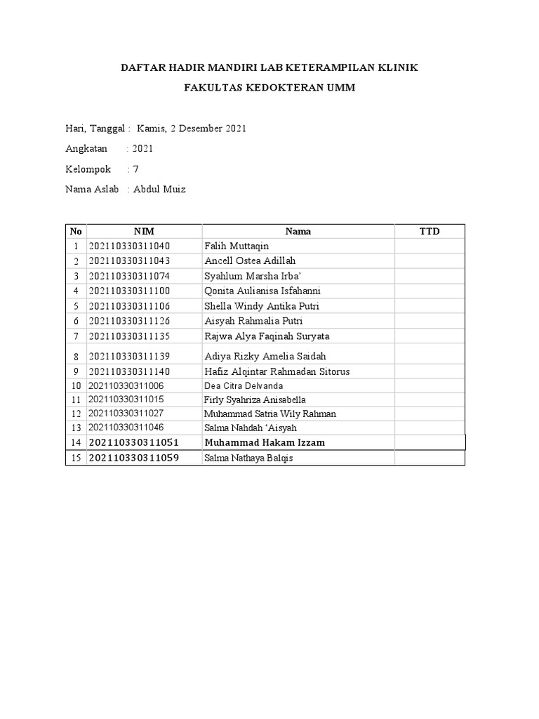 Daftar Hadir Mandiri | PDF
