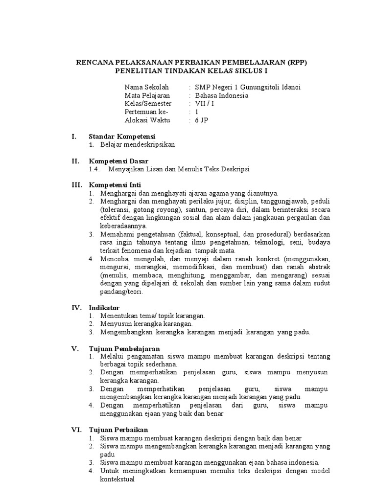 Rencana Pelaksanaan Perbaikan Pembelajaran (RPP) Penelitian Tindakan ...