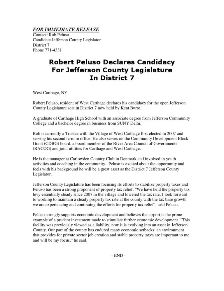 Rob Peluso Running For Jefferson County Legislature | PDF | Economic ...