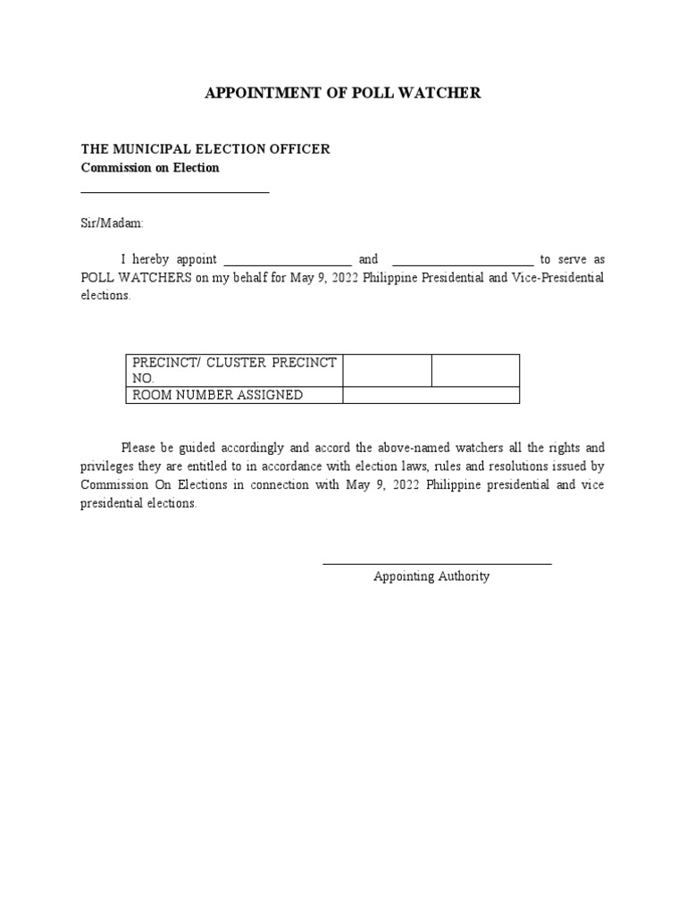 Poll Watcher Appointment for 2022 Elections | PDF