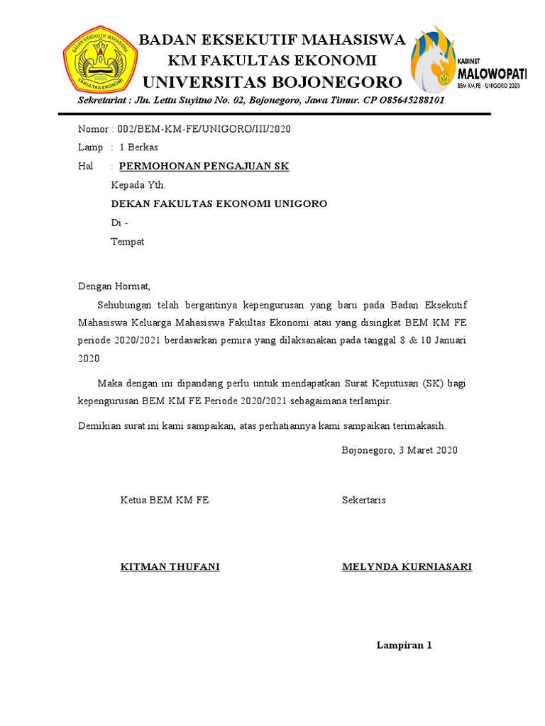 Contoh Surat Permohonan SK BEM FAKULTAS | PDF
