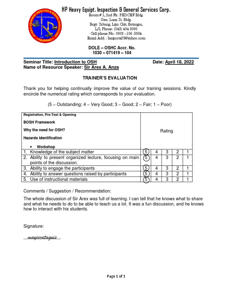 Day 1 BOSH Trainers Evaluation | PDF