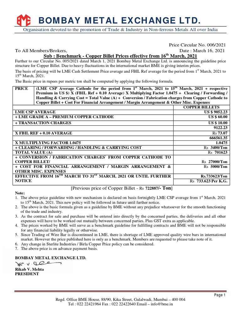 Bombay Metal Exchange LTD.: Sub: Benchmark - Copper Billet Prices ...