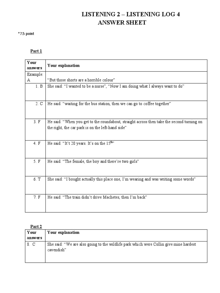 Listening 2 - Log 4 - Answer. Sheet | PDF | Cognitive Science | Linguistics