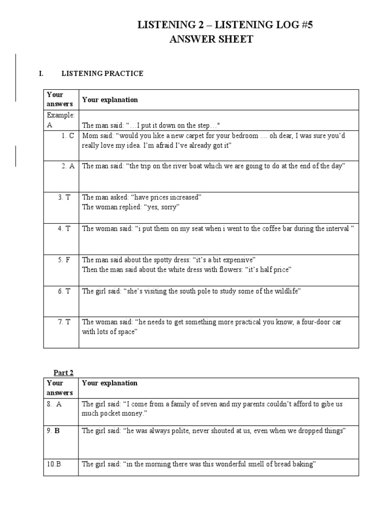 Listening Log 05 Answer Sheet. | PDF