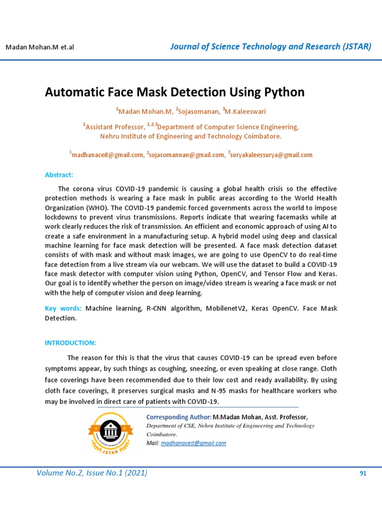 Automatic Face Mask Detection Using Python Pdf Deep Learning Machine Learning