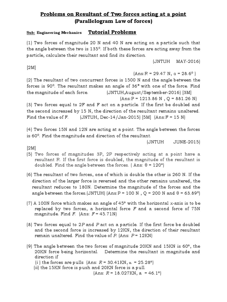 Problems On Resultant of Two Forces Acting at A Point (Parallelogram Law of Forces) Tutorial ...