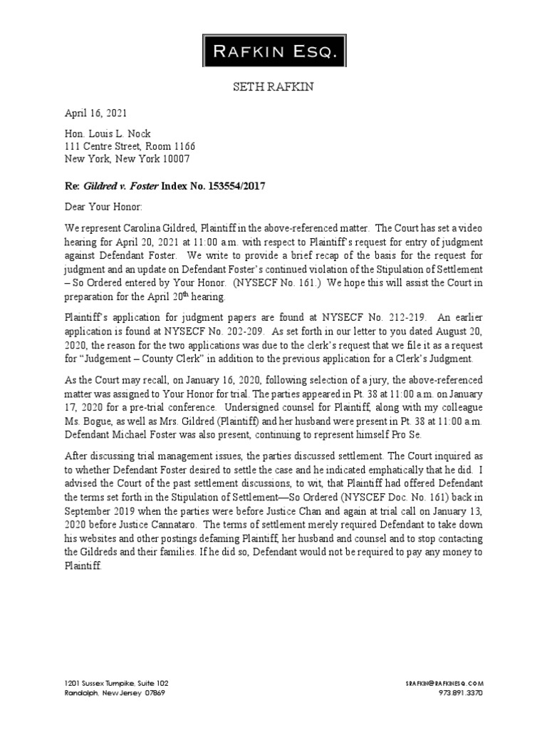 Seth Rafkin: Re: Gildred v. Foster Index No. 153554/2017 | PDF | Pro Se ...