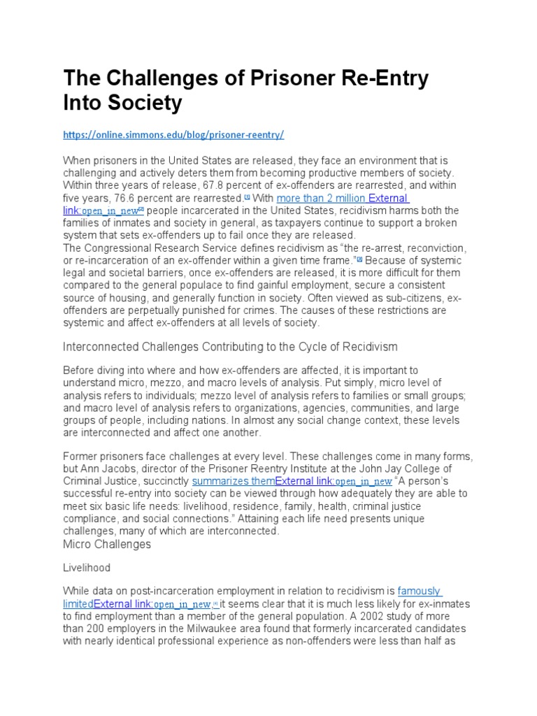 The Challenges of Prisoner Re Entry | PDF | Rehabilitation (Penology ...