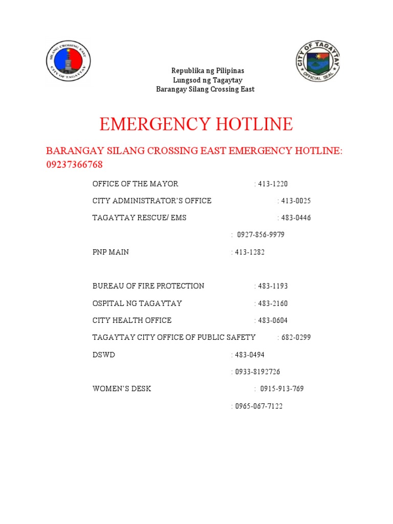 Barangay Silang Crossing East Emergency Hotline: 09237366768 | PDF