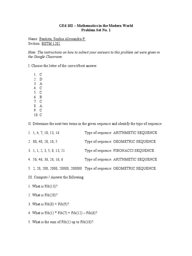 GEd 102 Problem Set No. 1 | PDF | Mathematics | Sequence
