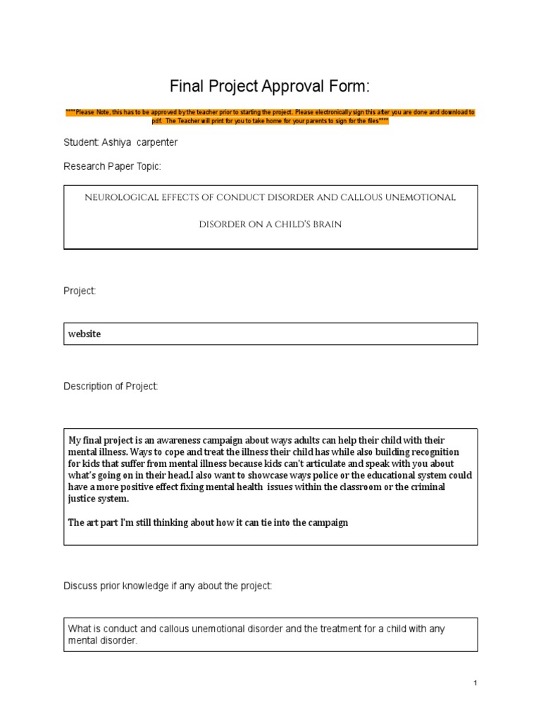 Final Project Approval Form | PDF | Mental Disorder | Psychology
