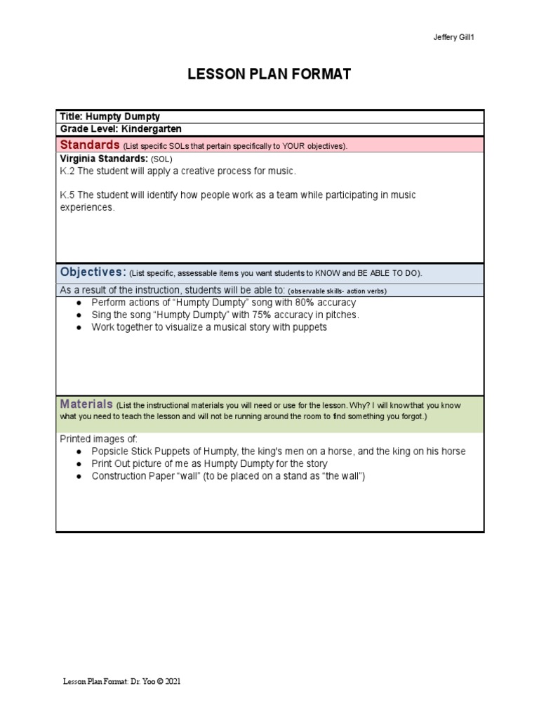 Humpty Dumpty Lesson Plan Revised | PDF | Lesson Plan | Cognition