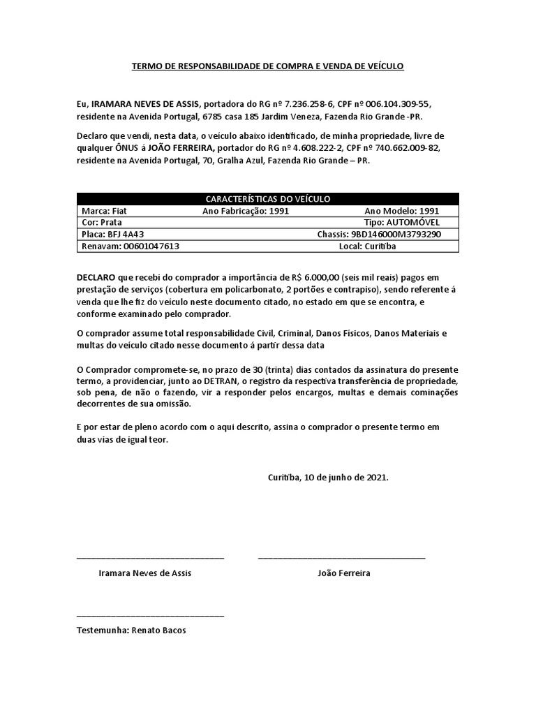 Termo de Responsabilidade de Compra e Venda de Veículo | PDF
