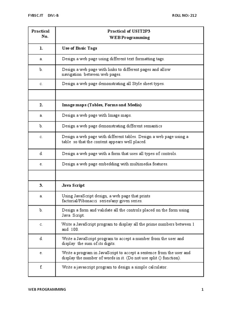 Fybscit Div B Roll No 212 Web Programming All Practicals | PDF | World Wide Web | Internet & Web