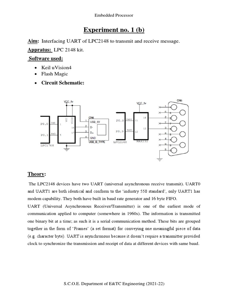 Experiment No 1 B Interfacing Uart Of Lpc2148 To Transmit And Receive Message Pdf 