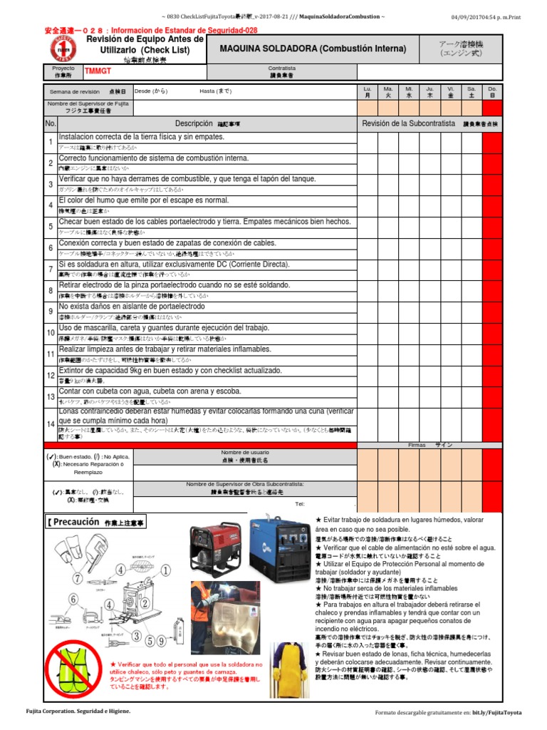 MAQUINA SOLDADORA (Combustión Interna) Revisión de Equipo Antes de ...