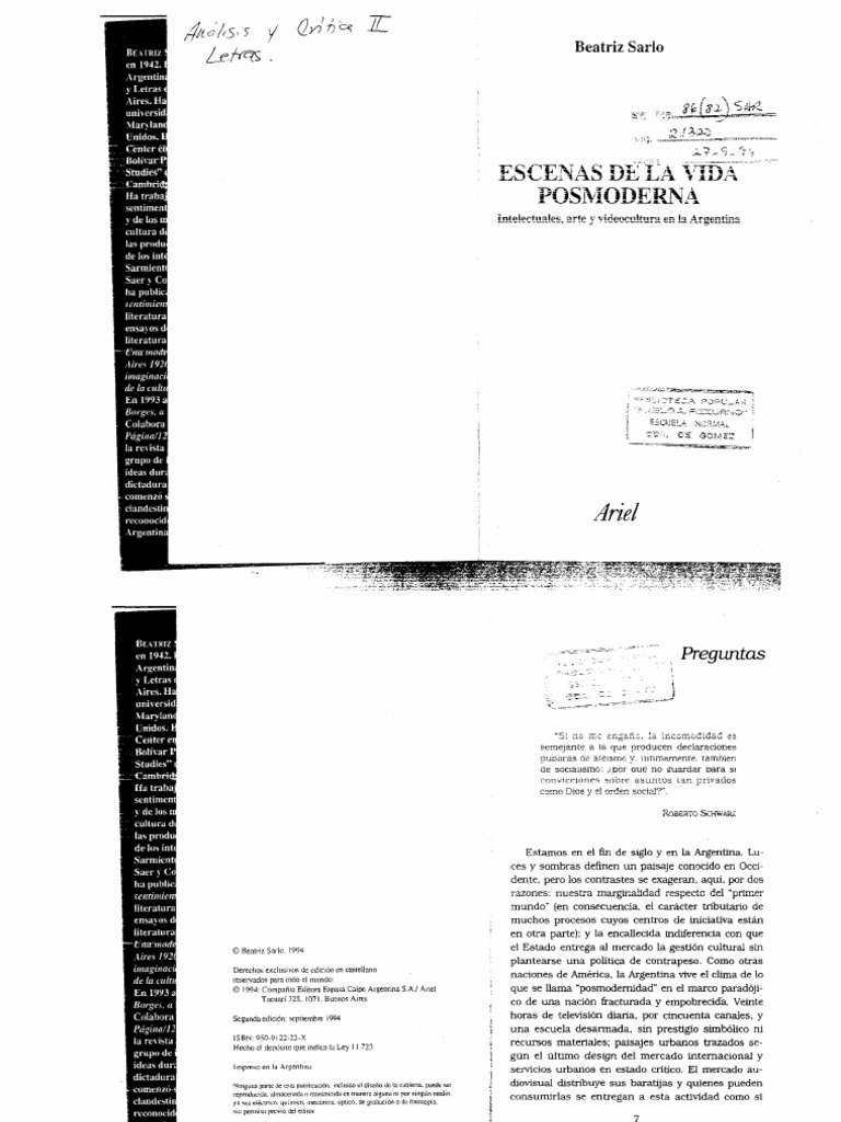 2477-Sarlo Beatriz - Escenas de La Vida Posmoderna | PDF
