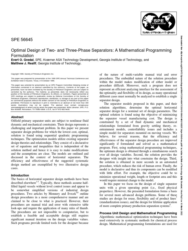 Optimal Design Of Two And Three Phase Separators A Mathematical Programming Pdf Mathematical