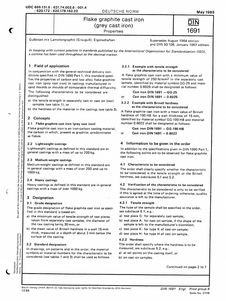 Din 1691 - 1985 | PDF | Casting (Metalworking) | Cast Iron