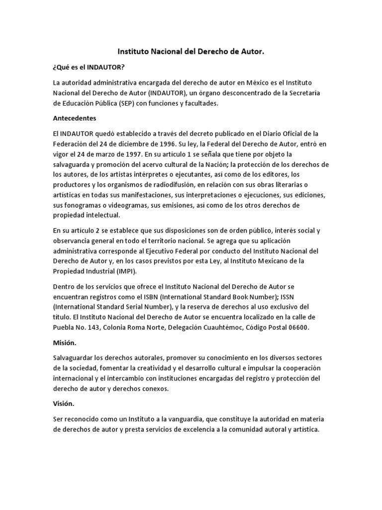 Funciones del Instituto Nacional del Derecho de Autor | PDF | México ...