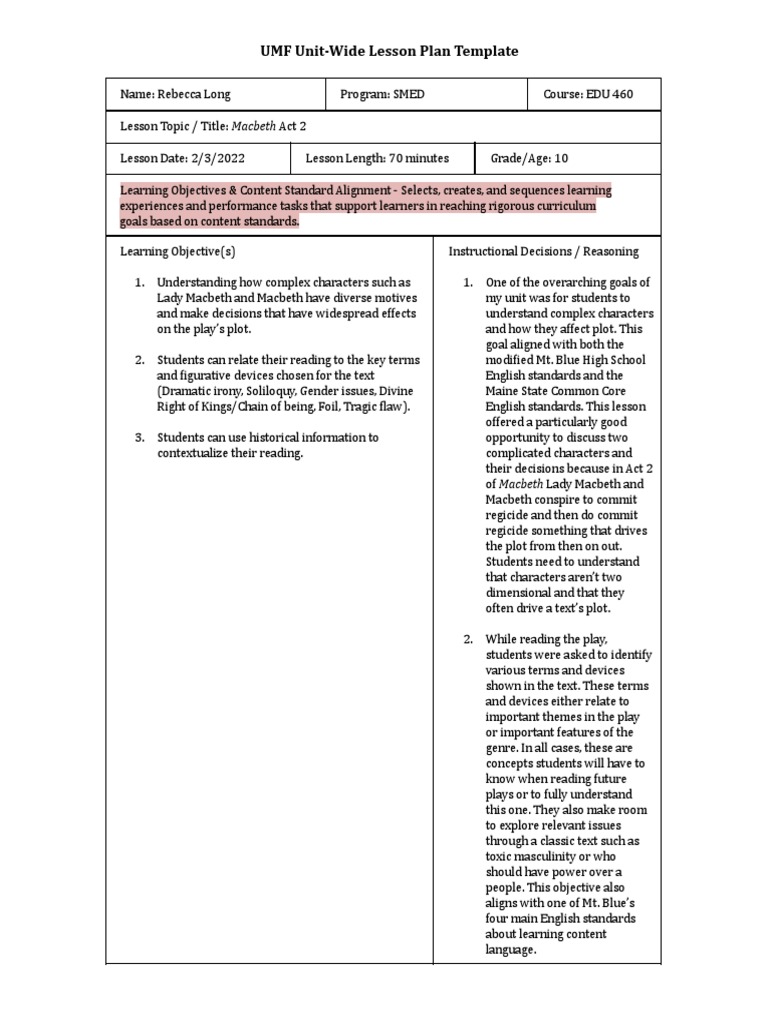 UMF Unit-Wide Lesson Plan Template | PDF | Mentorship | Learning