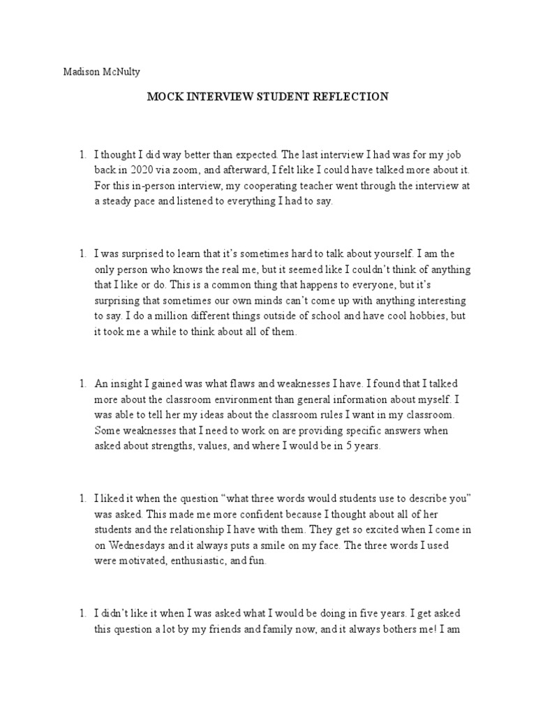 Mock Interview Student Reflection | PDF | Teachers | Interview