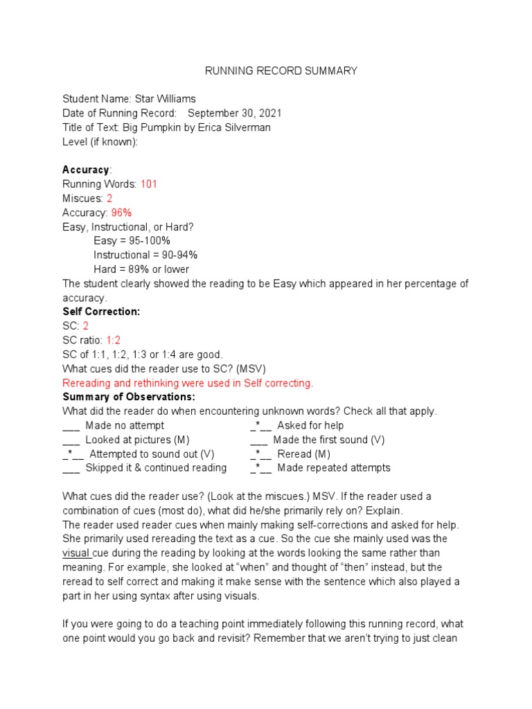 Running Record Assessment | PDF | Applied Psychology | Behavior ...