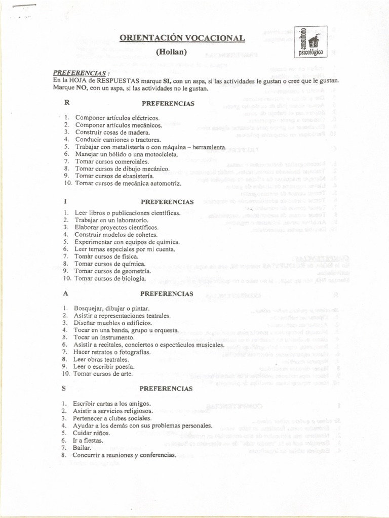 Test de Holland - Protocolo | PDF