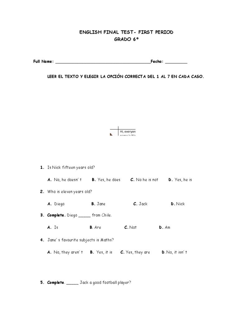 English Final Test-First Period Grado 6° | PDF