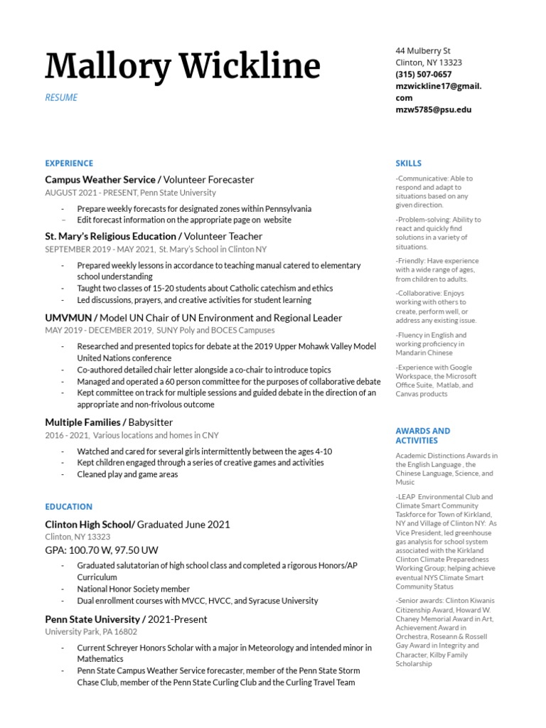 Resume For Mallory Wickline 3 | PDF | Learning | Cognition