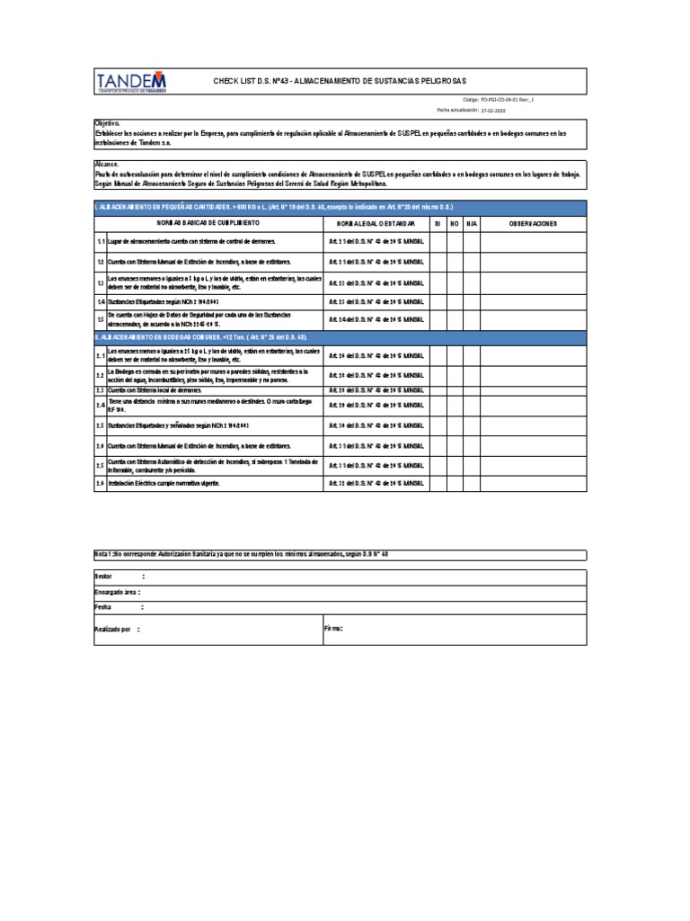 Check List D.S 43 Almacenamiento Sustancias Peligrosas | PDF