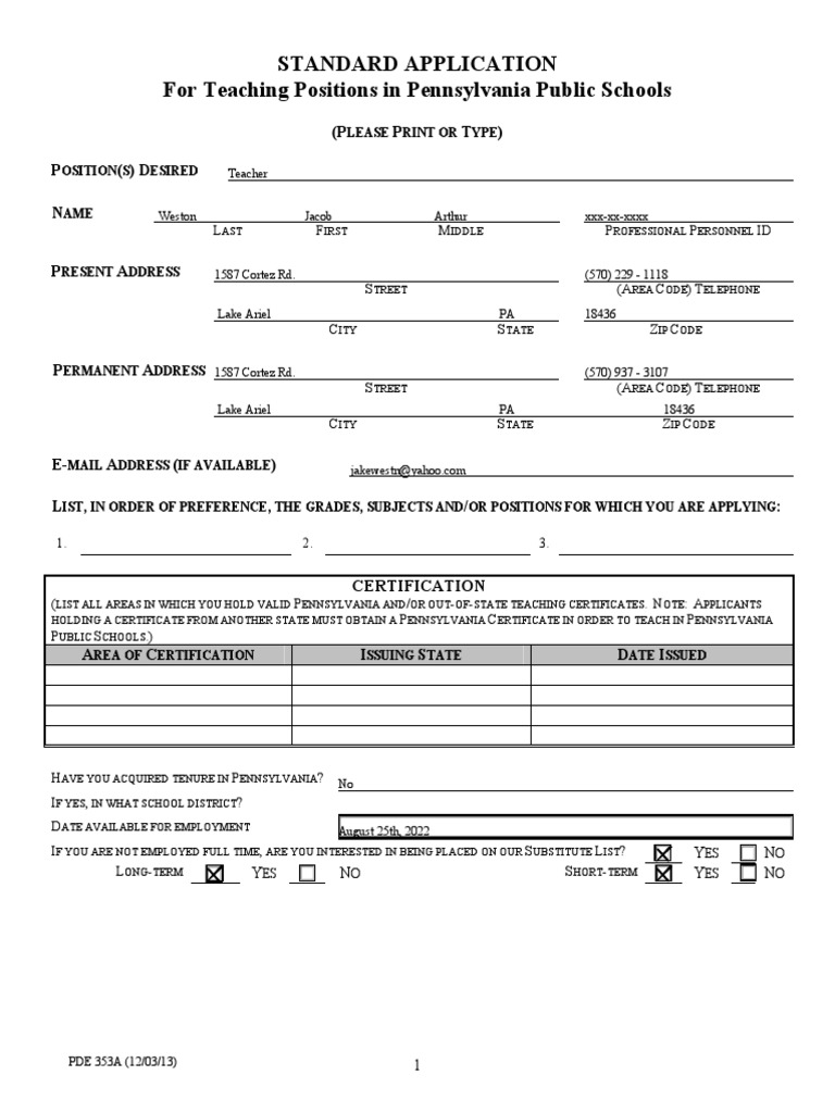 Pennsylvania Teacher Application Form | PDF | Teachers | Criminal Record