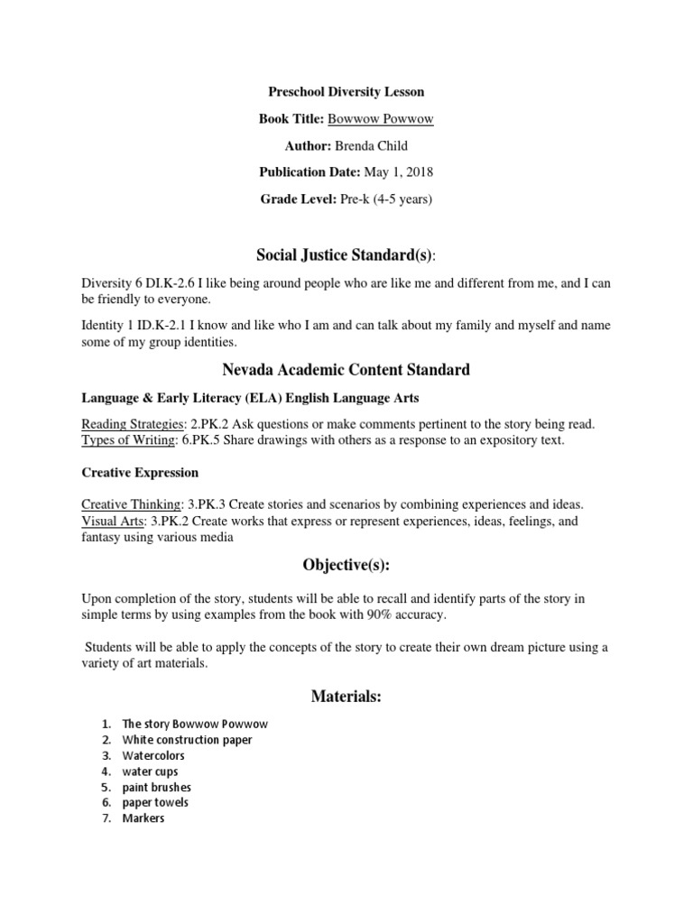 Preschool Diversity Lesson Plan | PDF | Behavior Modification | Neuropsychological Assessment
