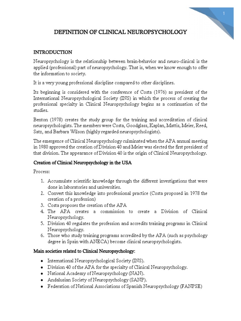 Definition of Clinical Neuropsychology | PDF | Neurology | Neuropsychology